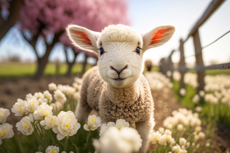 A Cute Baby Spring Lamb in a Field of Spring Flowers. Generative Ai ...
