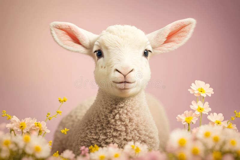 A Cute Baby Spring Lamb Surrounded by Spring Flowers. Generative Ai ...
