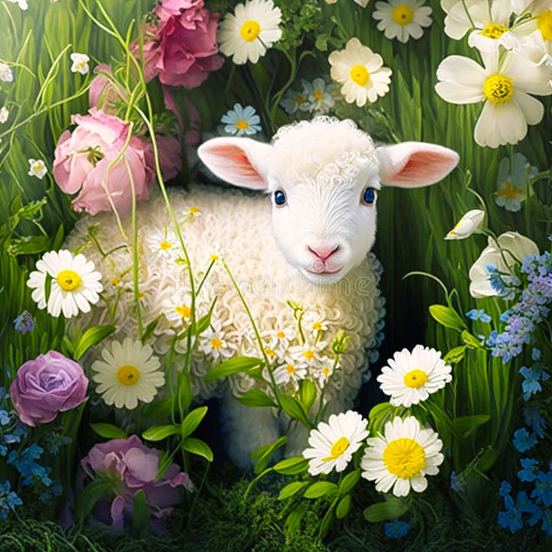 Cute Baby Spring Lamb Surrounded by Spring Flowers, Generative AI Stock ...