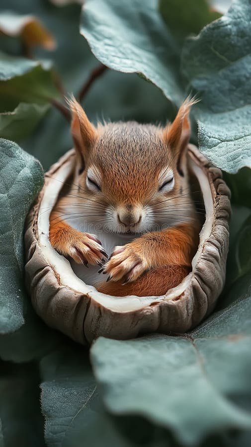 Cute Baby Squirrel Sleeping in a Nutshell Stock Illustration ...