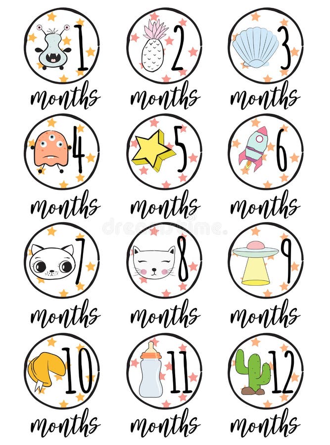 Baby Months Cards for Boy. Set of Cute Stickers with Animals Stock ...