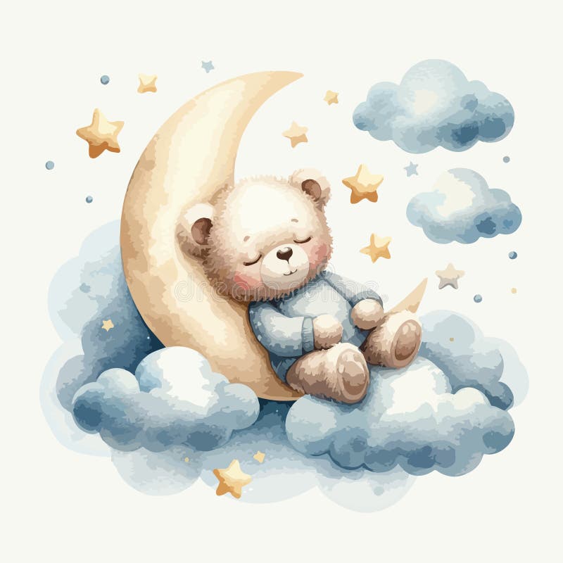Cute Baby Teddy Bear Sleeping on the Cloud Around Moon and Stars. Stock ...