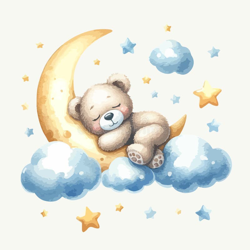 Cute Baby Teddy Bear Sleeping on the Cloud Around Moon and Stars. Stock ...