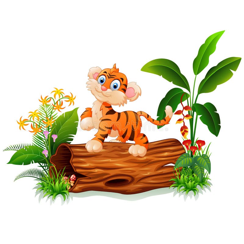 Cute Baby Tiger Posing on Tree Trunk Stock Vector - Illustration of ...