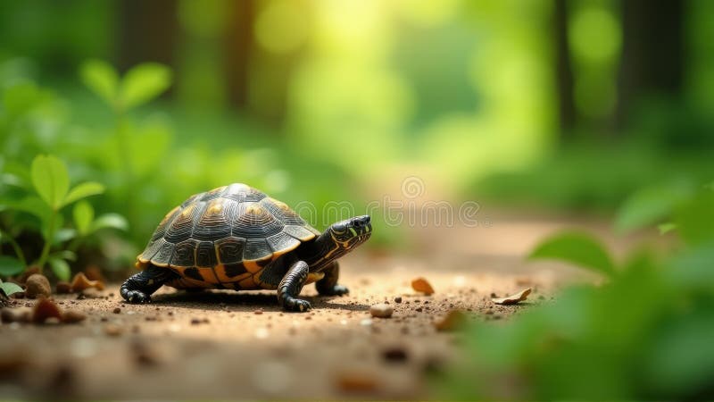 Cute Baby Tortoise Walking on Forest Path, Sunny Nature Background ...