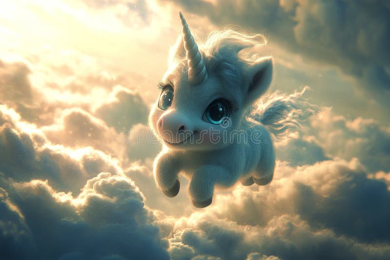 Cute Baby Unicorn Flying among Fluffy Clouds at Sunset Stock Image ...