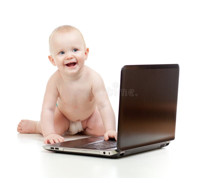 Happy Baby and a Laptop Computer Isolated Stock Photo - Image of joyful ...
