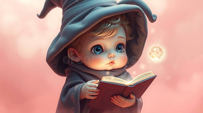 Cute Baby Wizard Reading Magic Book Stock Photo - Image of imagination ...