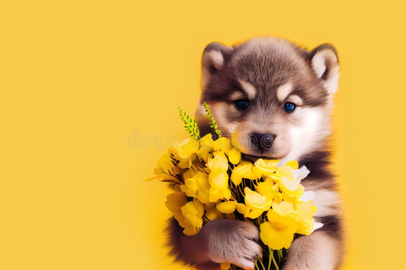Cute Baby Wolf with Flowers Over Yellow Background, Springtime Concept ...