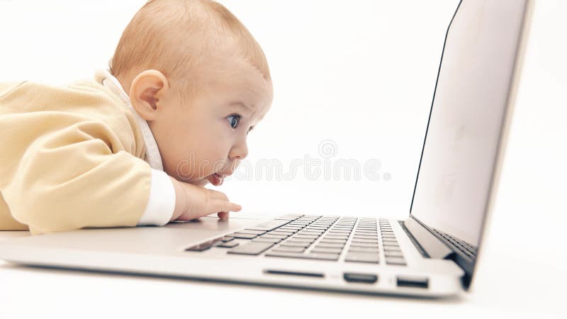 Cute Baby Working on a Laptop Stock Image - Image of romper, minor ...