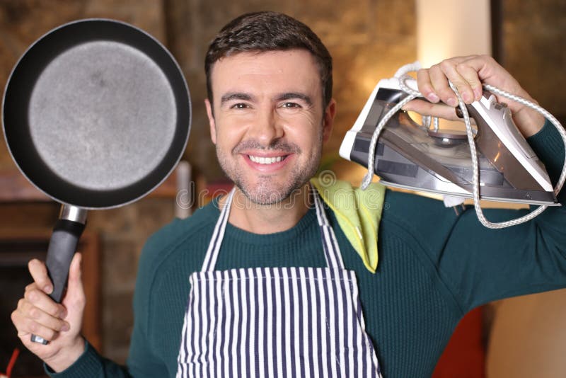 Cute Bachelor Multitasking at Home Stock Photo - Image of housecleaning ...