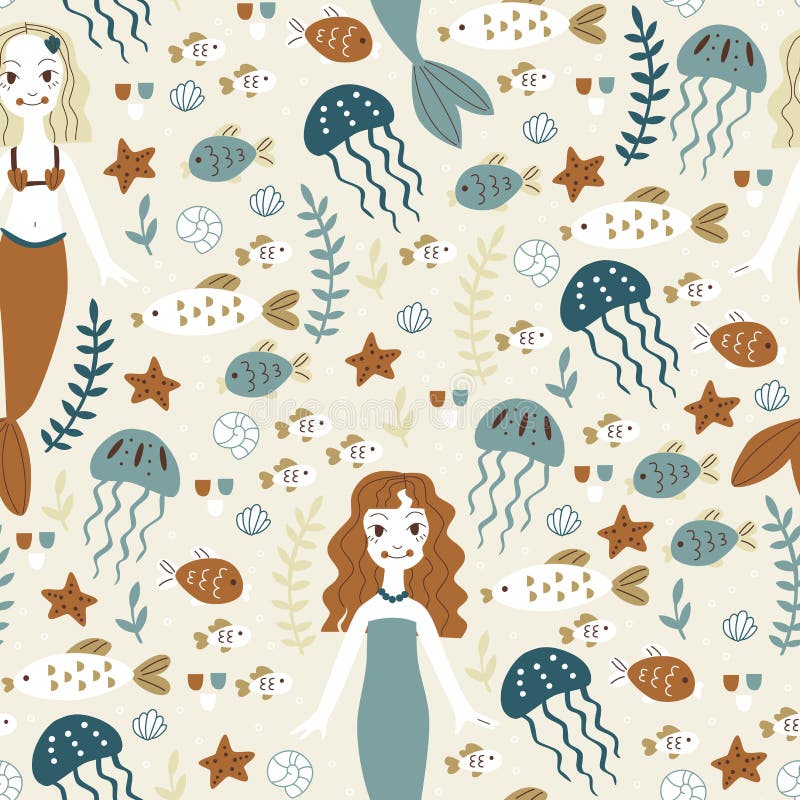 Cute Background with Mermaid, Shell and Fish. Stock Vector ...