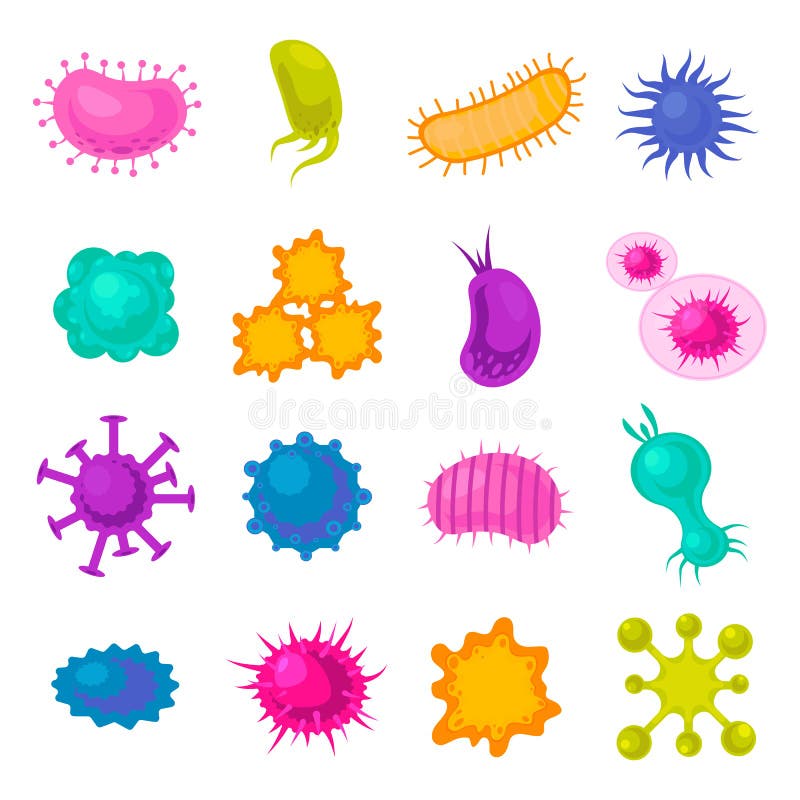 Cute Bacteria, Virus, Germ Cartoon Character Set. Microbe and Pathogen ...
