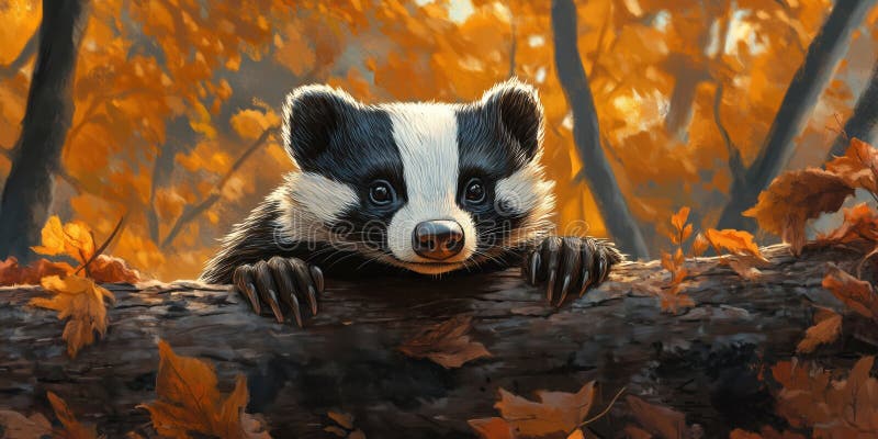 Cute Badger Peeking Over a Log Surrounded by Autumn Leaves in a Forest ...