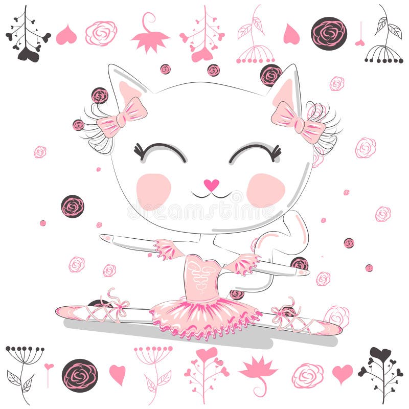 Cute Ballerina Cat Dancing Ballet in Pink Tutu Stock Illustration ...