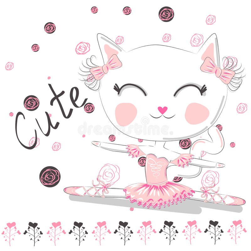 Cute Ballerina Cat Dancing Ballet in Pink Tutu Stock Illustration ...