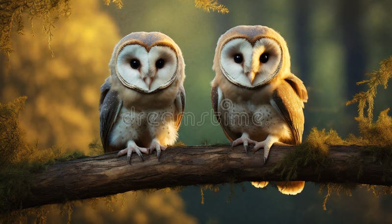 Cute Barn Owls on Long Branch Stock Photo - Image of plumage, front: 295340494