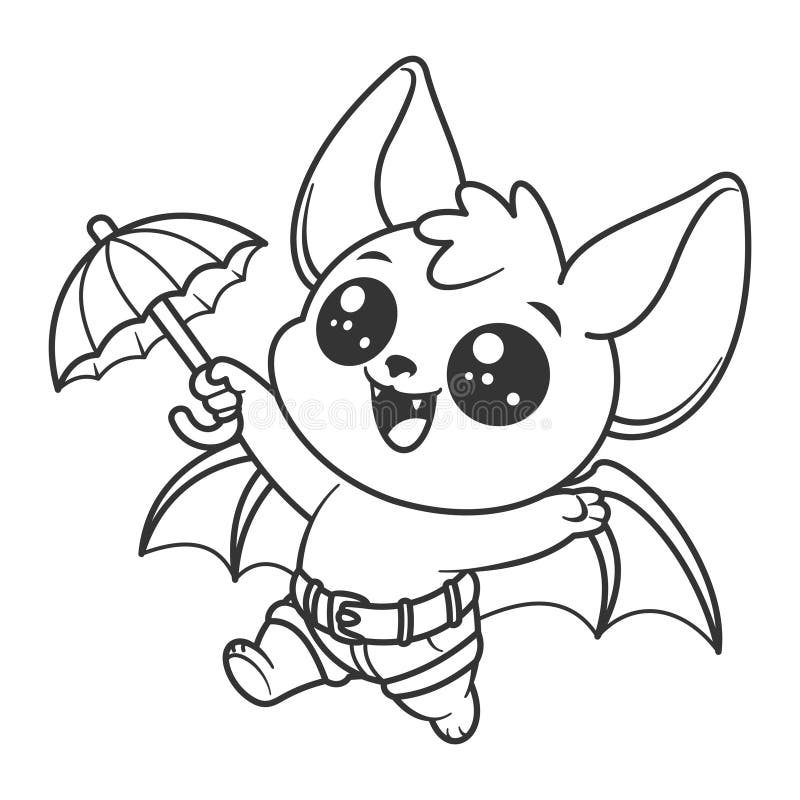Cute Bat Animal Image Design Carrying an Umbrella, for Coloring Stock ...