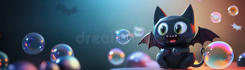 Cute Bat Cat Halloween Character with Rainbow Bubbles Stock ...