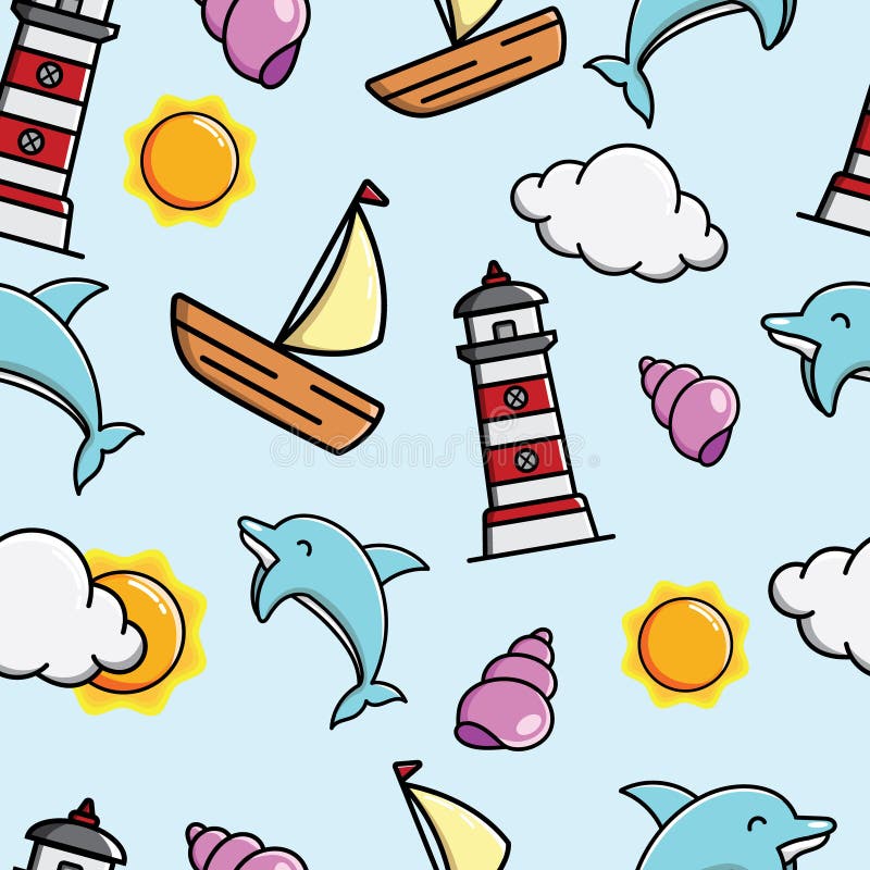 Cute Beach Seamless Pattern Vector Stock Vector - Illustration of ...