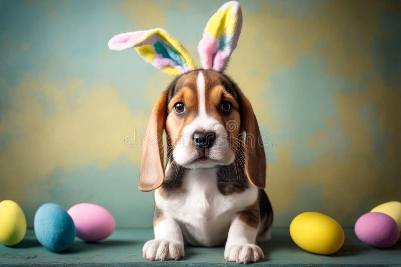 Cute Beagle Dog with Bunny Ears and Easter Eggs on Blue Background with ...