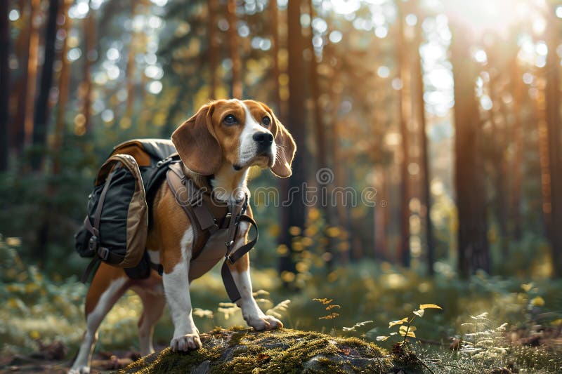 A Cute Beagle Dog Wearing a Backpack, Hiking in a Pet-friendly Forest ...