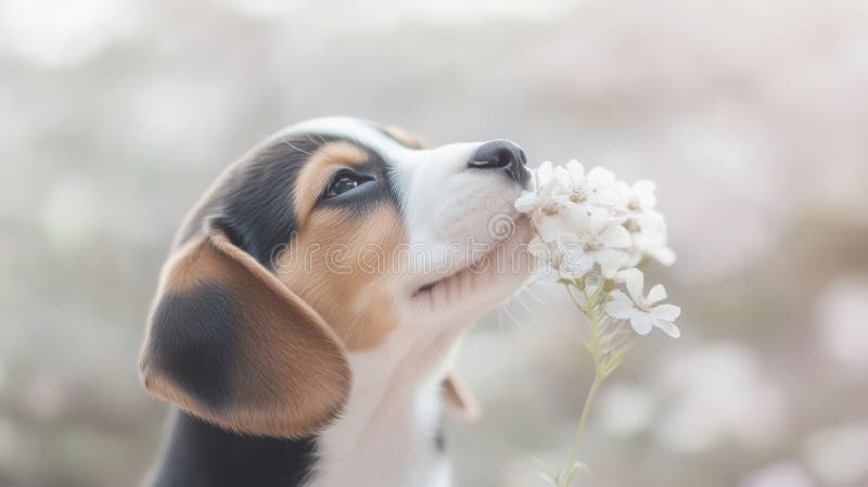 Cute Beagle Puppy Smelling a Flower Stock Photo - Image of looking ...
