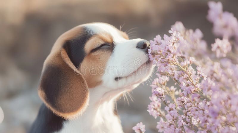 Cute Beagle Puppy Smelling a Flower Stock Photo - Image of happy, grass ...