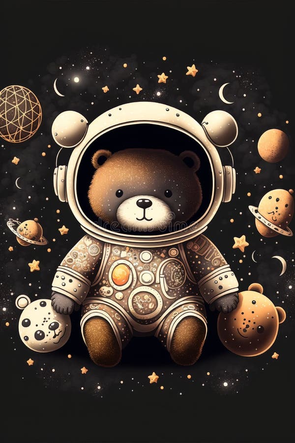 A Cute Bear Astronaut in Outer Space Surrounded by Planets, Moons and ...