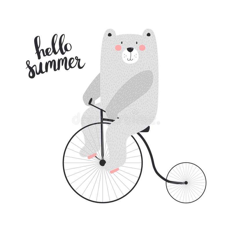 Cute Bear by Bicycle with Text Hello Summer. Stock Vector ...
