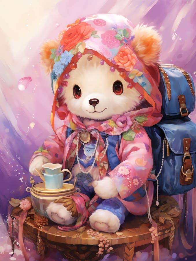 Cute Bear with Boho Patchwork Bag for Kids Nursery Illustration, Wall Art Decoration Stock ...