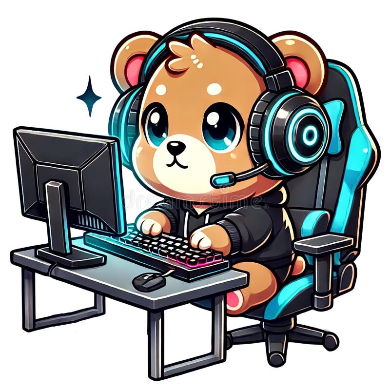 Cute Bear Cartoon Character Gaming at a Computer Desk Setup Stock ...