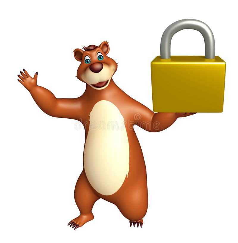 Cute Bear Cartoon Character with Lock Stock Illustration - Illustration ...