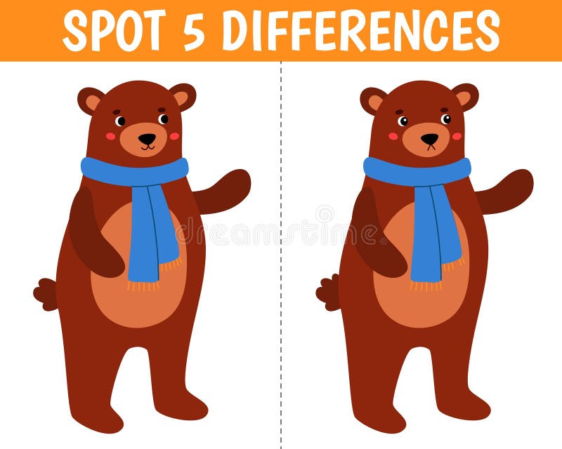 Cute Bear in Cartoon Style. Find 5 Differences. Educational Matching ...