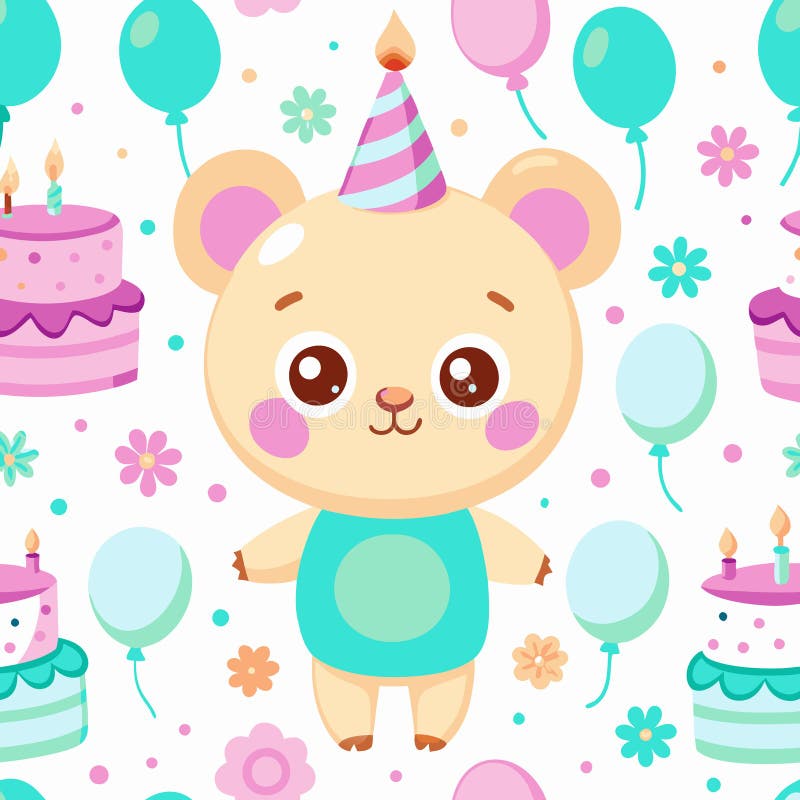 Cute Bear Celebrating Birthday with Cake and Balloons Stock Vector ...