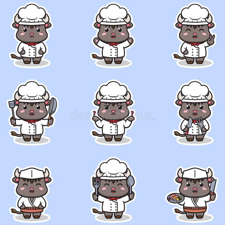Vector Illustrations of Cute Buffalo Chef Mascot Cartoon Character ...
