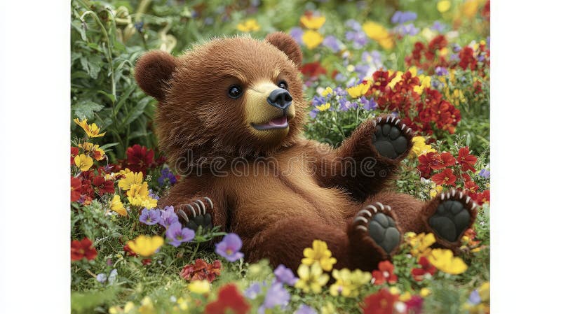 Cute Bear Cub in Colorful Flower Field Stock Image - Image of child ...