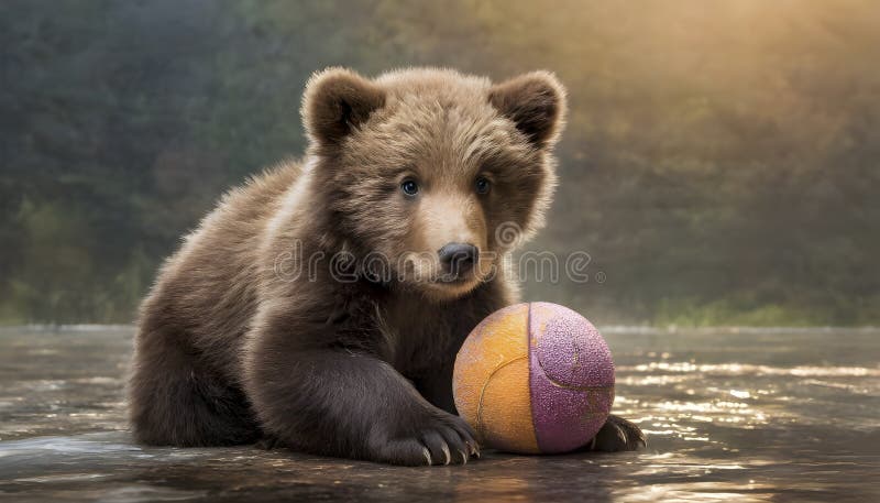 Cute Bear Cub. Joyful Playtime with Ball in Isolation. Stock Image ...