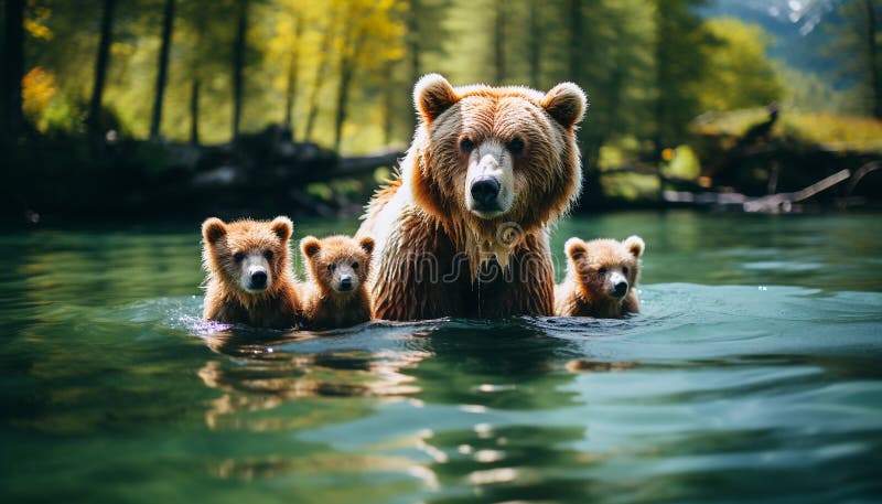 Cute Bear Cub Playing in the Water, Surrounded by Nature Generated by ...