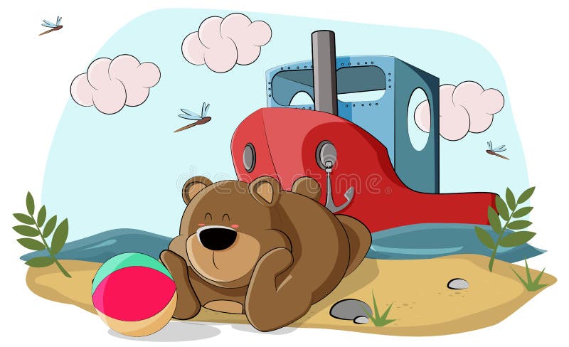 A Cute Bear Cub is Resting on the Beach by the Sea and Playing with a ...