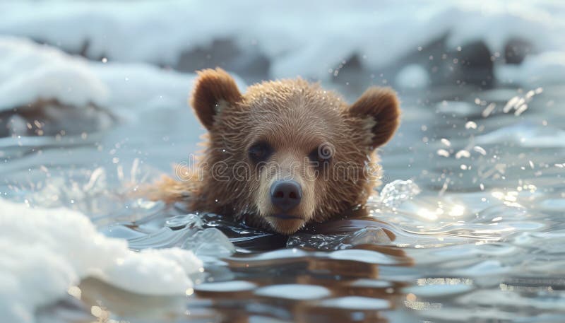 Cute Bear Cub Swimming in Icy Pond, Looking at Camera Generated Stock Illustration ...
