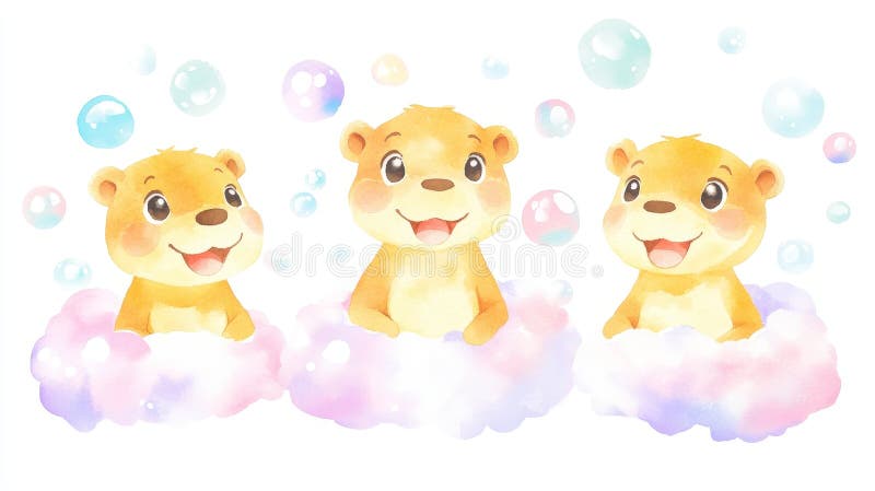 Cute Bear Cubs on Colorful Clouds with Pastel Bubbles Stock Photo ...