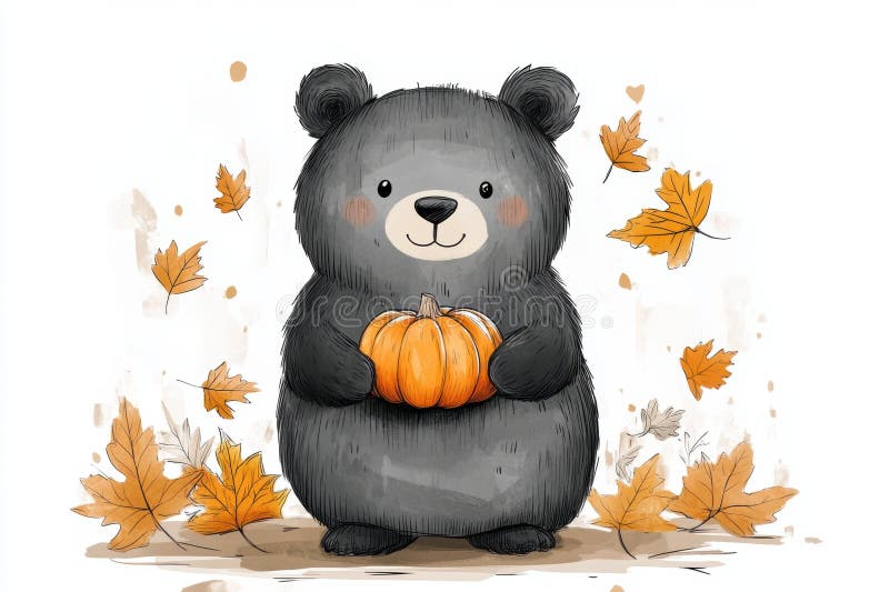 Cute Bear Doodle with a Tiny Pumpkin, Fall Leaves Autumn Design Concept ...