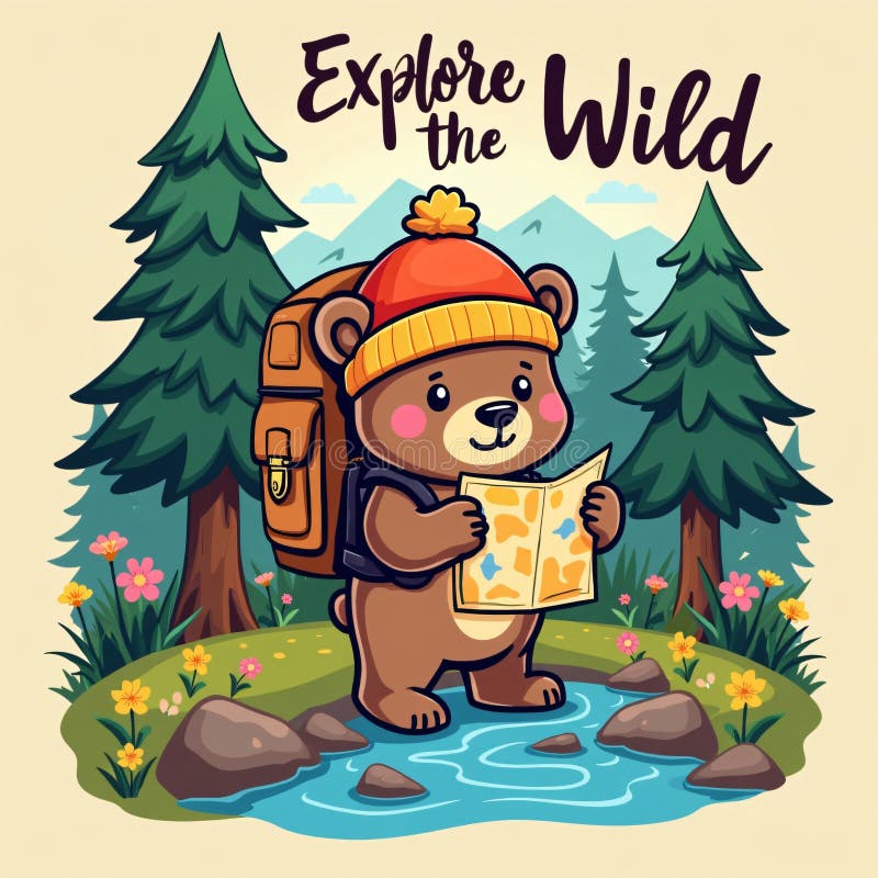 Cute Bear Exploring the Wild with Backpack and Map Stock Illustration ...