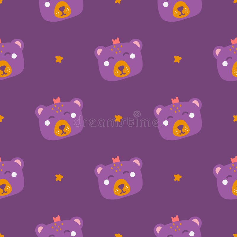 Cute Bear Face with Stars on a Purple Background, Vector Seamless ...