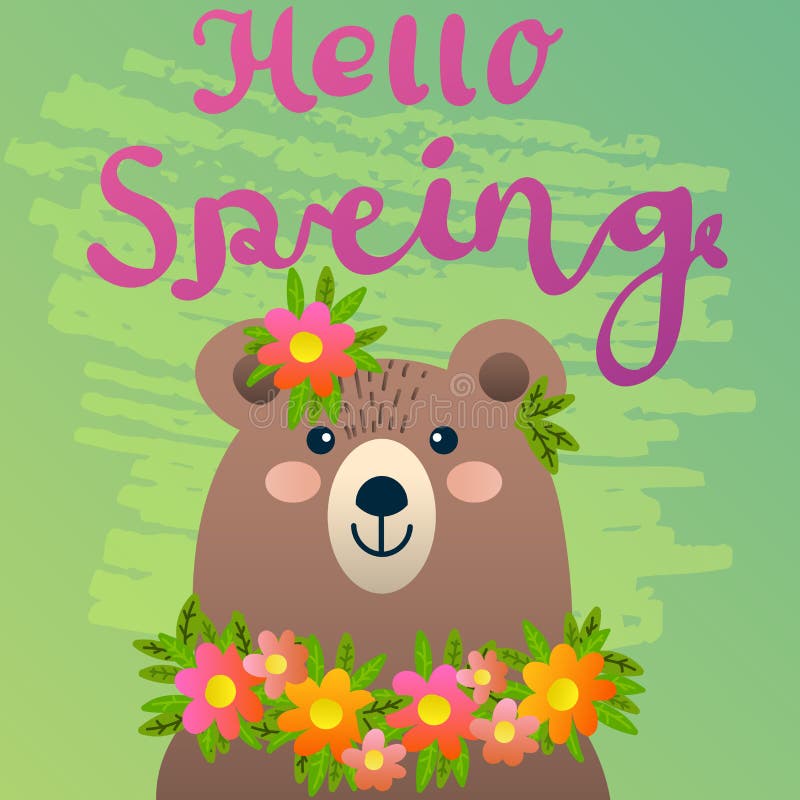 Cute Bear with Flowers. Hello Spring Greeting Card Stock Vector ...
