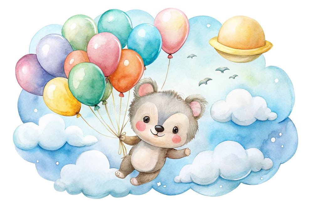 Cute Bear Flying with Balloons in Space Stock Illustration ...