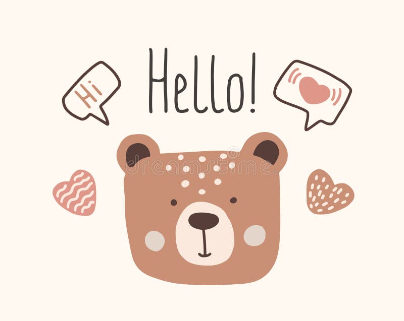 Cute Bear Illustration Greeting Card with Hello Text and Speech Bubbles ...