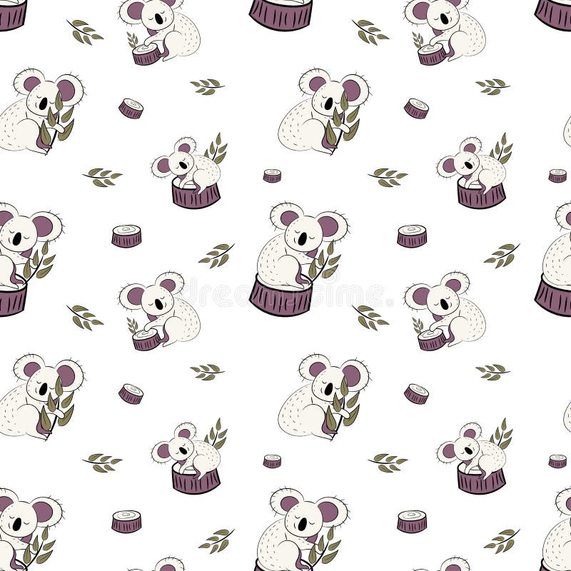 Cute Bear Koala Doodle Seamless Pattern. Vector Background with Koalas ...
