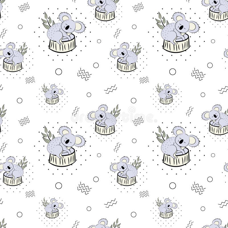 Cute Bear Koala Doodle Seamless Pattern. Vector Background with Koalas ...